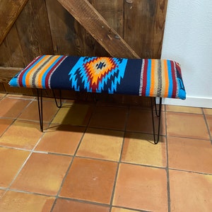 Navy and Turquoise Aztec Upholstered Bench, Southwestern Bench, Dining ...