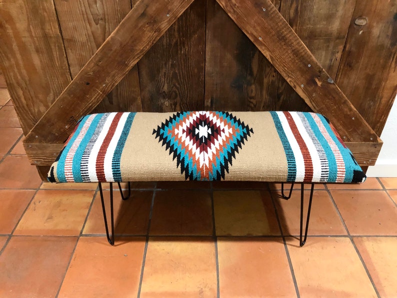 Tan Aztec upholstered Bench Hairpin Legs western bench boho | Etsy