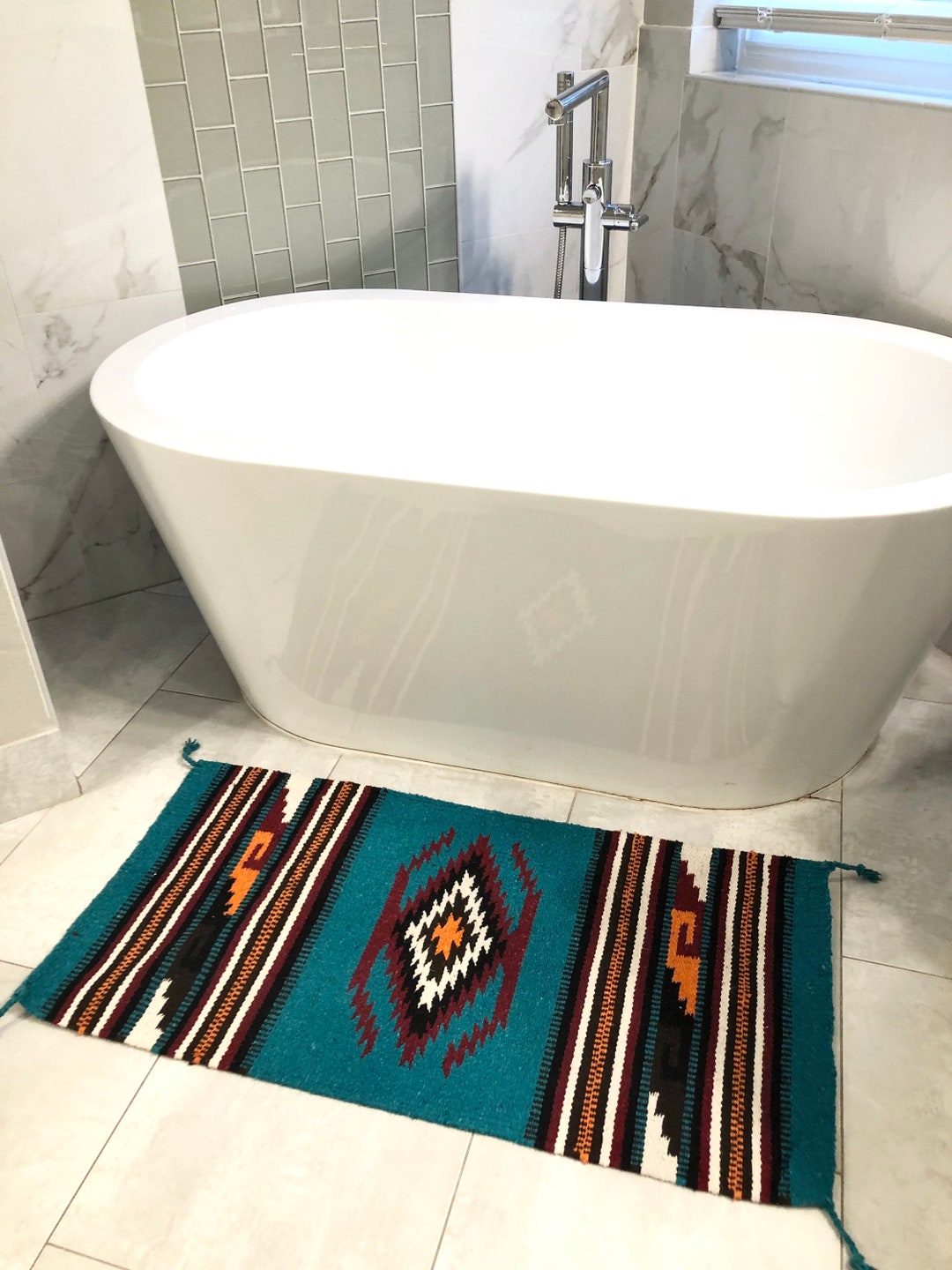 Small Teal Aztec Rug, Tribal Rug, Southwestern Throw Rug, Kilim, Boho ...