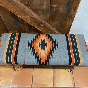 Grey Aztec Upholstered Bench With Hairpin Legs: Dining Height Southwest ...