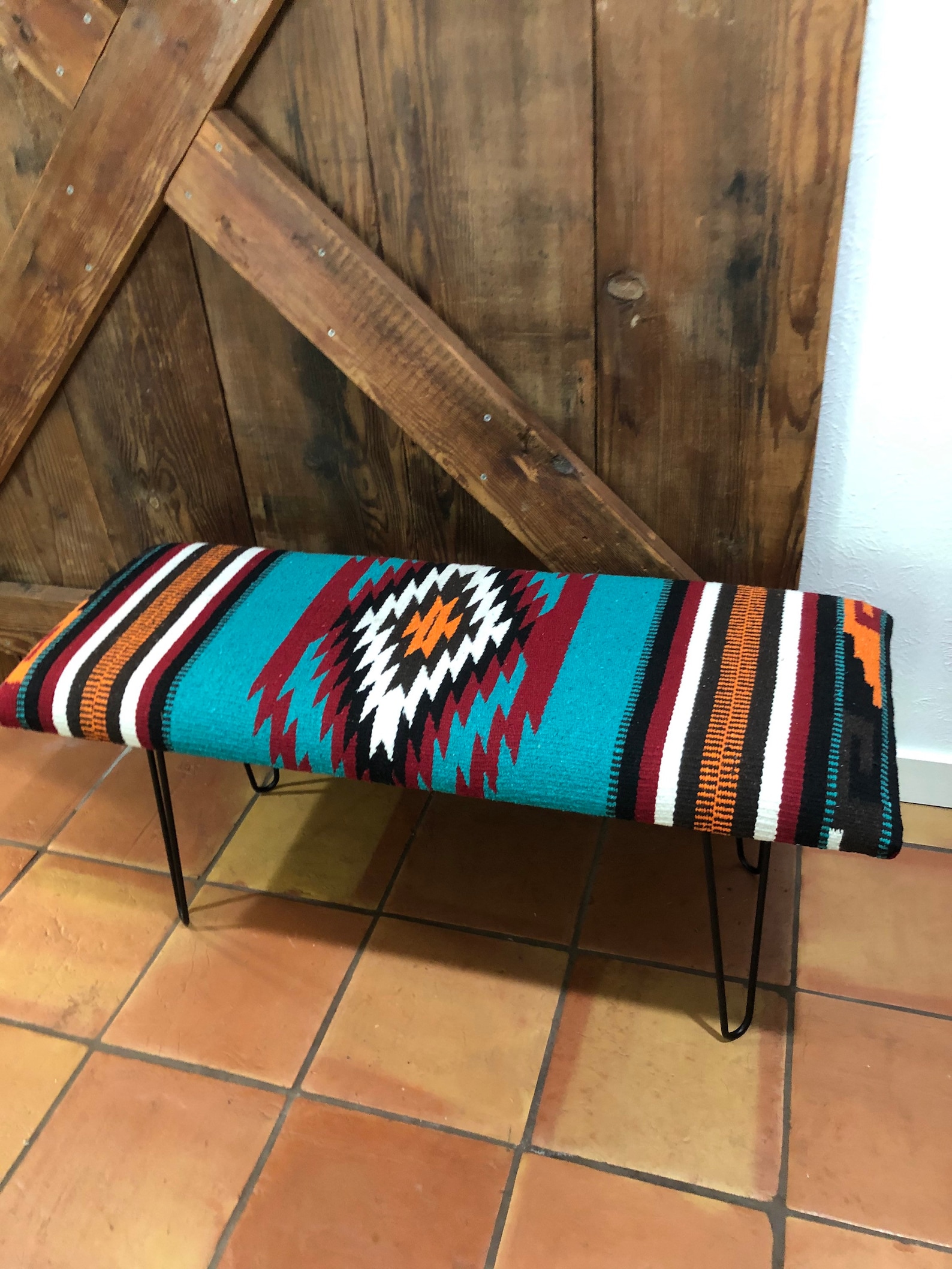 Teal Aztec Upholstered Bench With Hairpin Legs Western Bench | Etsy