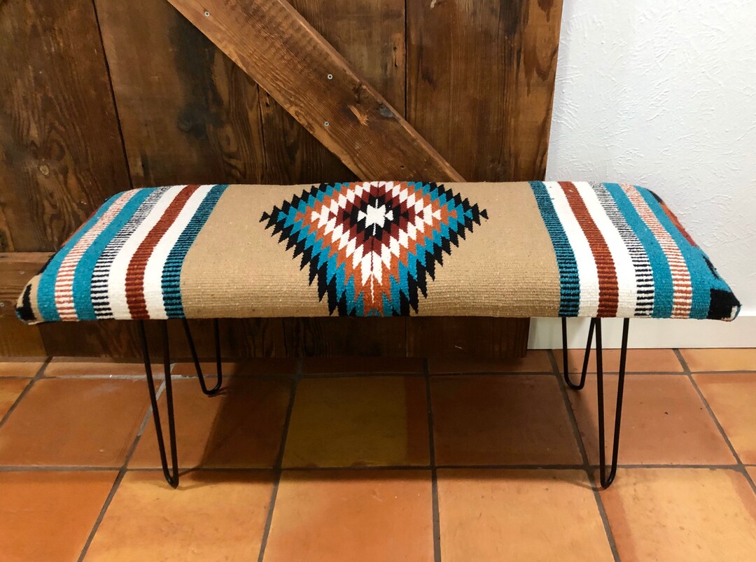 Tan Aztec Upholstered Bench Hairpin Legs, Western Bench, Boho Ottoman ...