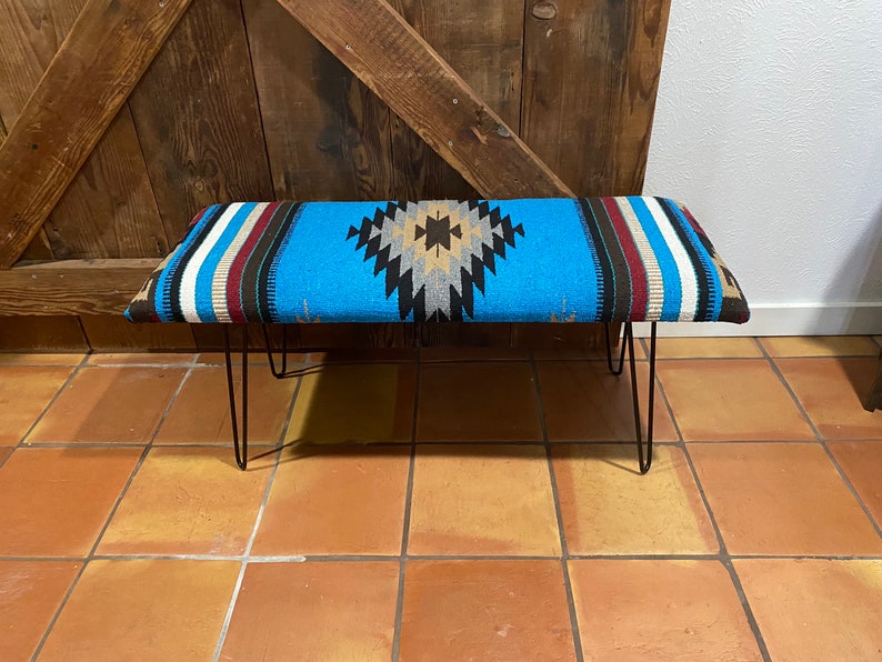 Turquoise Aztec Upholstered Bench With Hairpin Legs: Southwest Boho ...