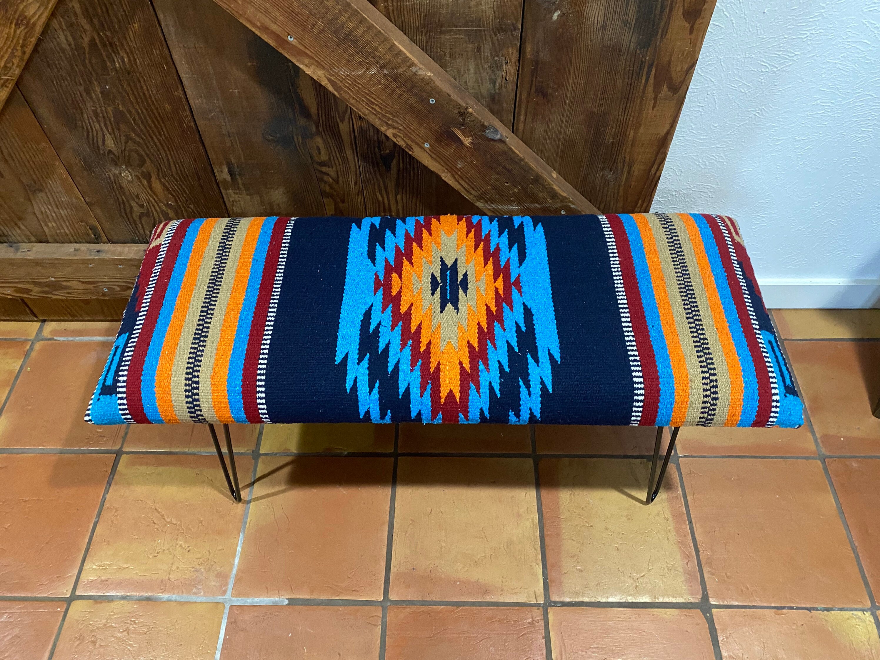 Navy and Turquoise Aztec upholstered Bench with Hairpin Legs | Etsy