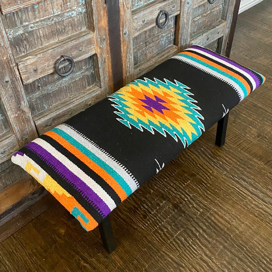 Black Aztec Upholstered Bench With Metal Legs, Boho Bench, Aztec Bench ...