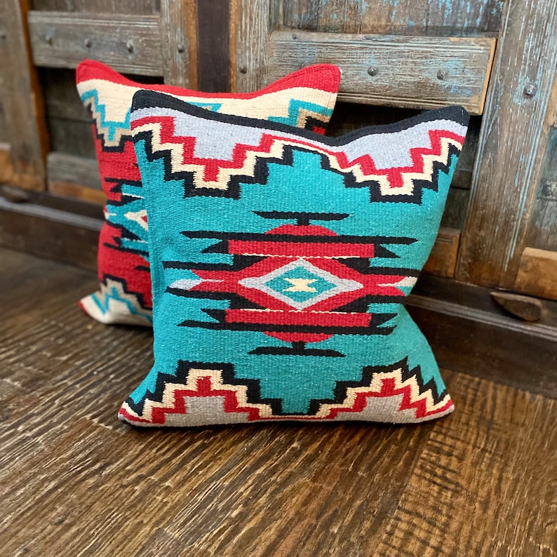 Teal & Gray Retro Aztec Throw Pillow With Insert Boho Pillow - Etsy
