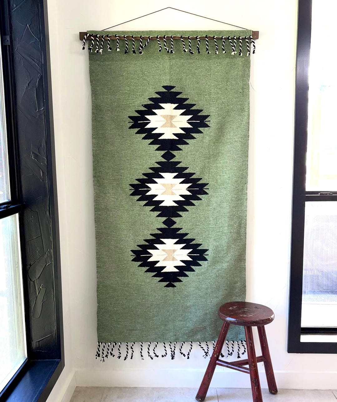 Handwoven Green Aztec Wall Tapestry: Southwestern Boho Decor (32