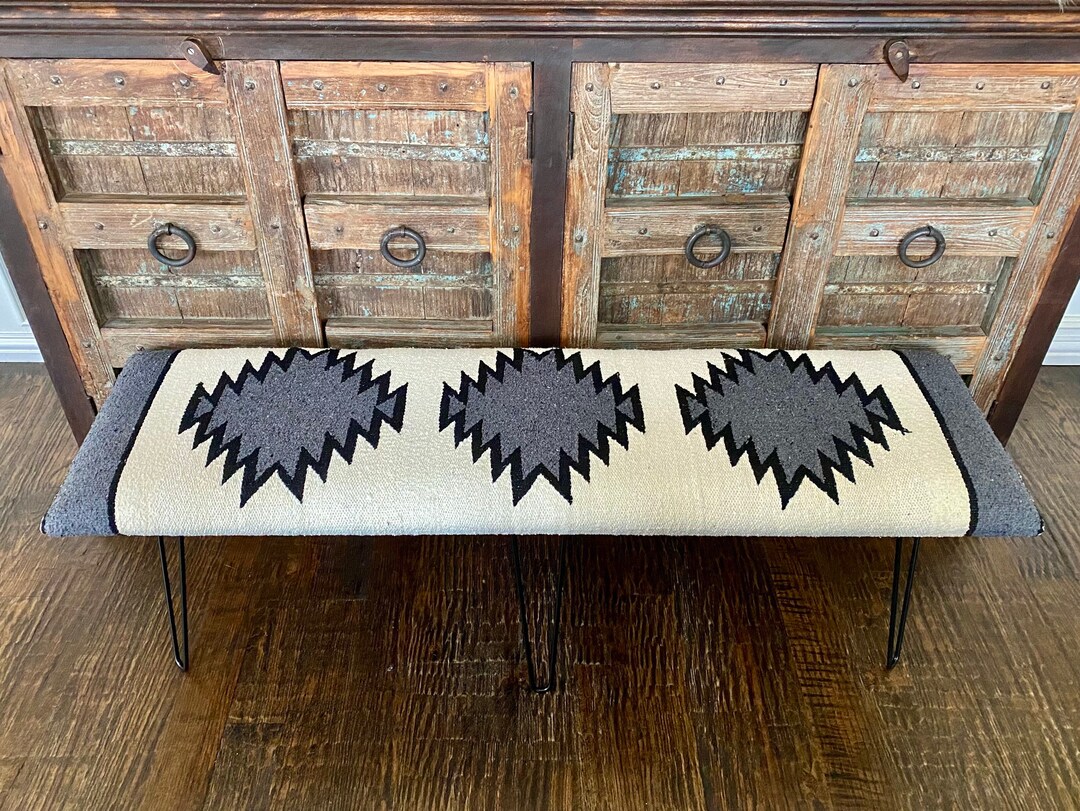 Long White & Gray Aztec Upholstered Bench With Hairpin Legs, Southwest ...