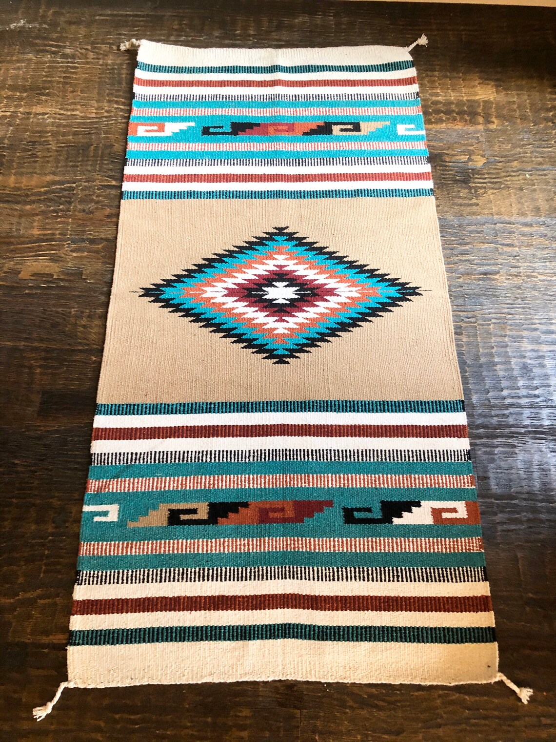 Tan and Teal Aztec Rug Tribal Rug Southwestern Throw Rug | Etsy