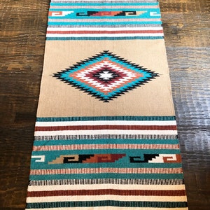 Tan and Teal Aztec Rug, Tribal Rug, Southwestern Throw Rug, Kilim, Boho ...