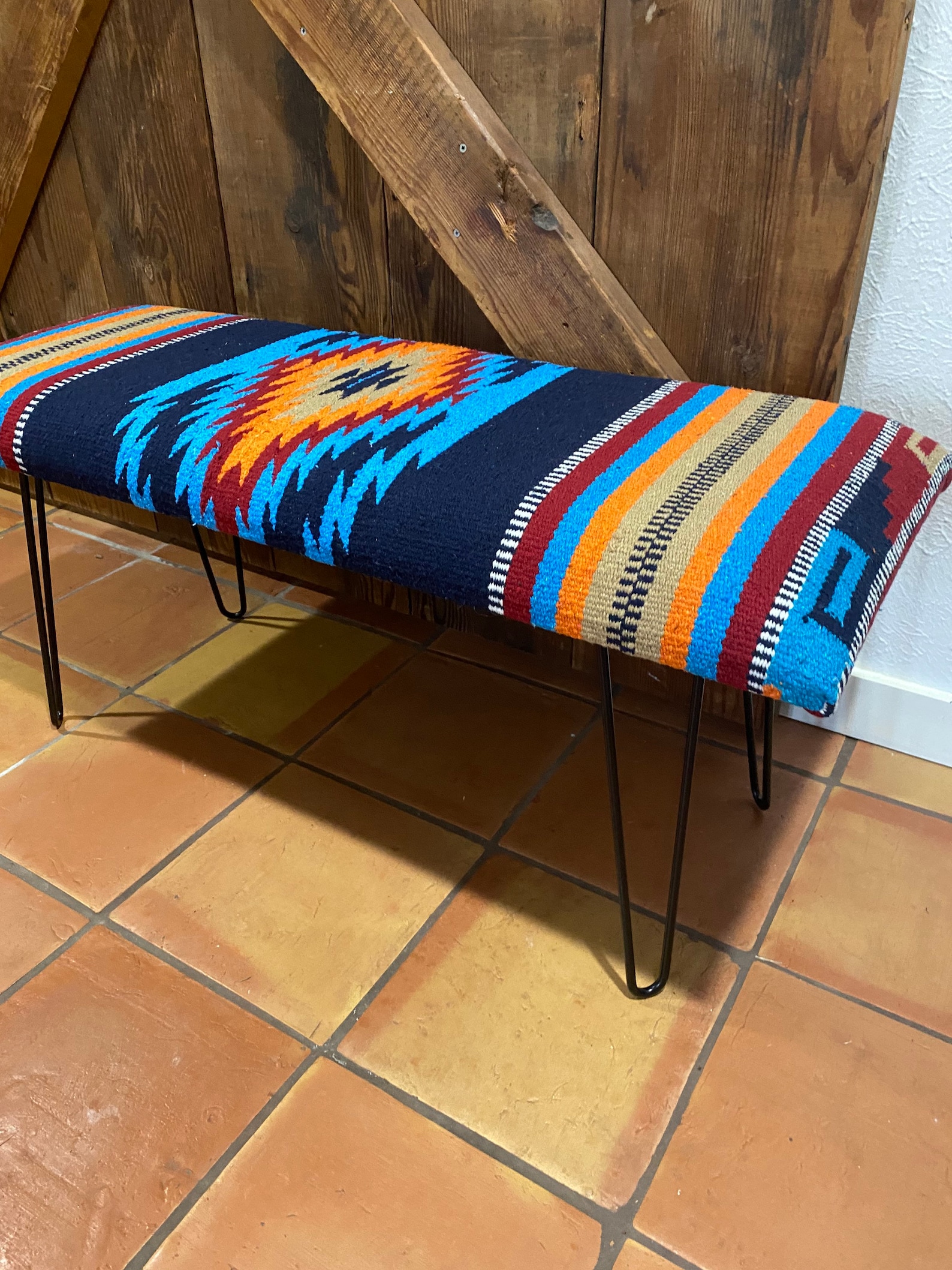Navy and Turquoise Aztec Upholstered Bench With Hairpin Legs | Etsy