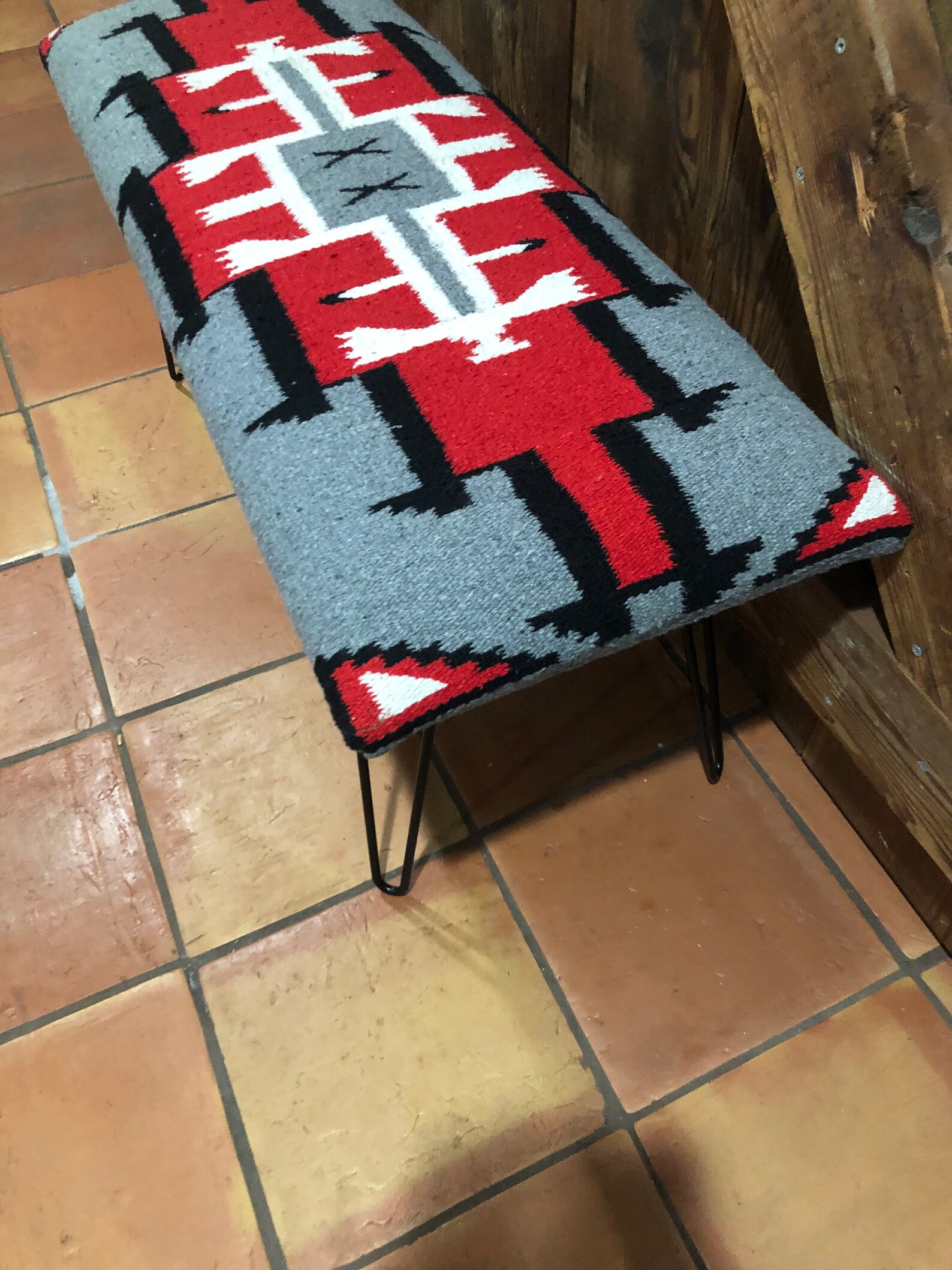 Grey Aztec upholstered Bench with Hairpin Legs southwestern | Etsy