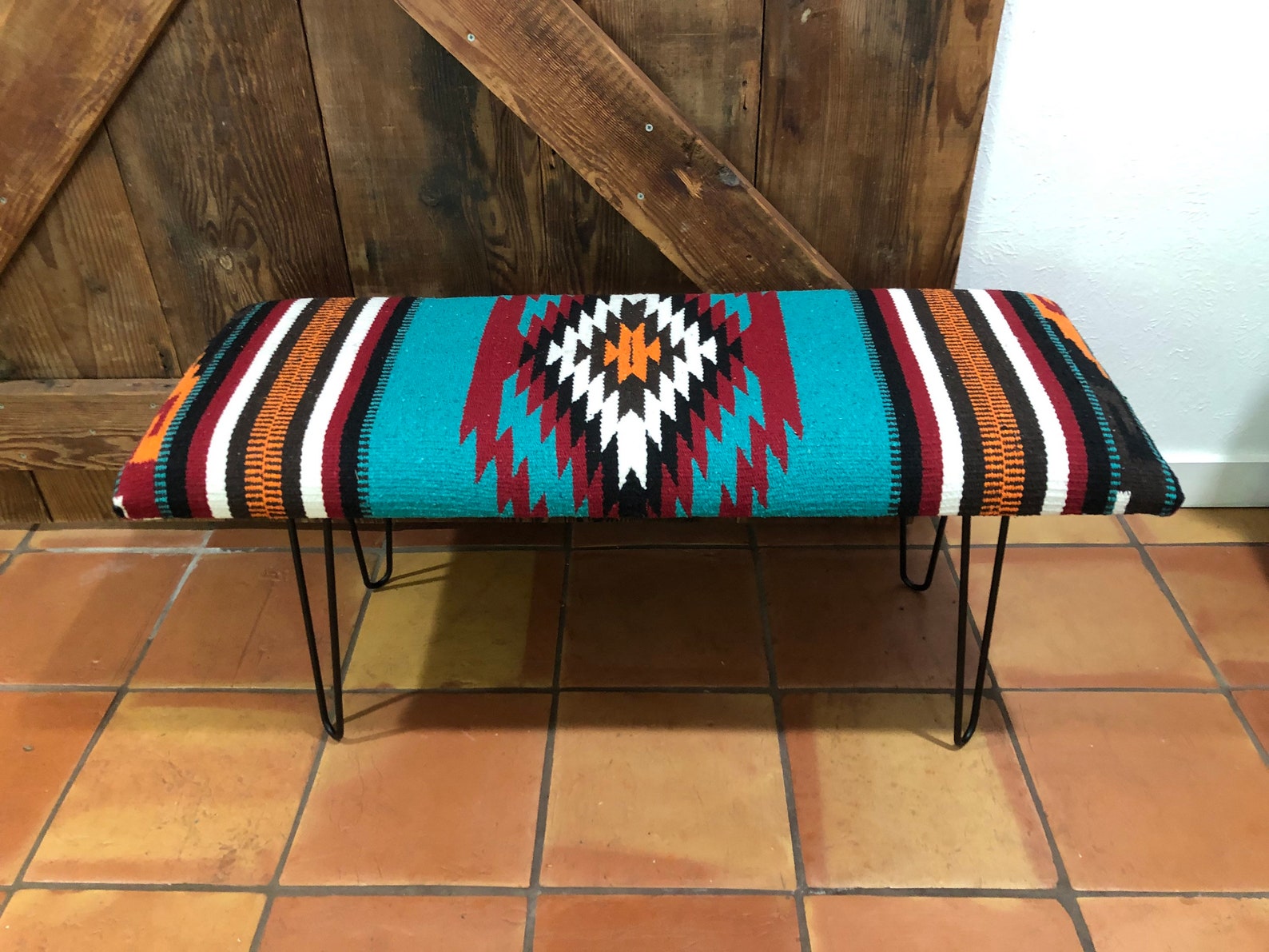 Teal Aztec Upholstered Bench With Hairpin Legs Western Bench | Etsy