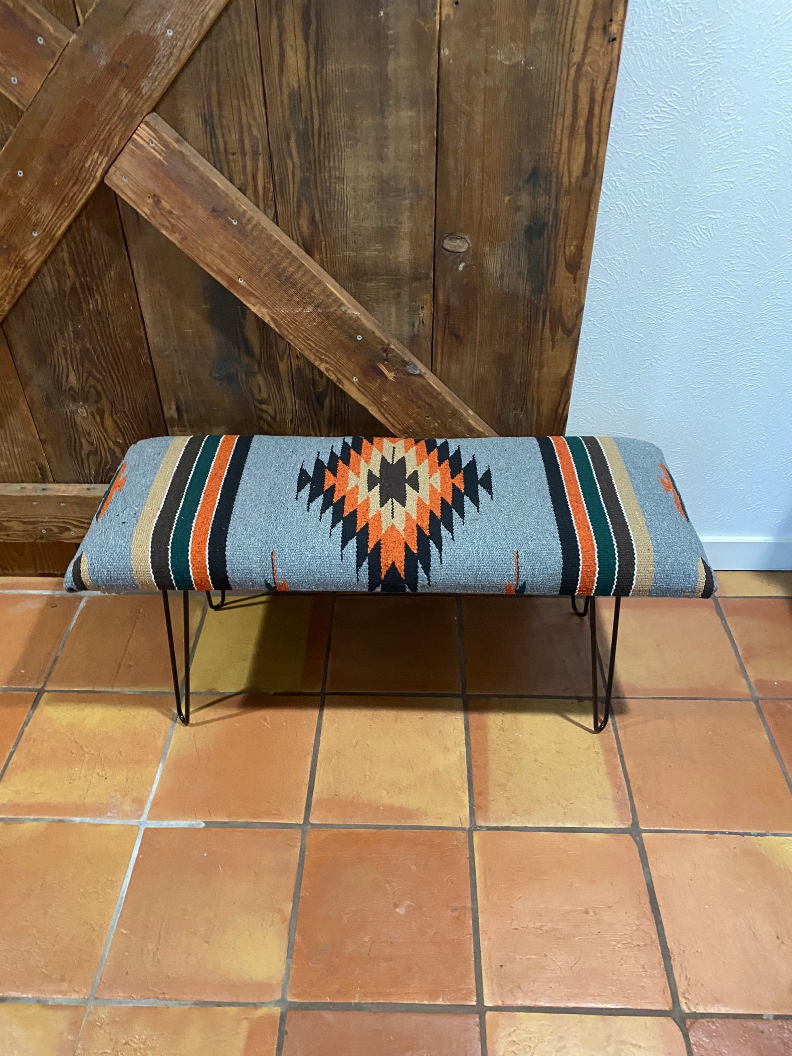 Grey Aztec Upholstered Bench With Hairpin Legs Southwestern - Etsy