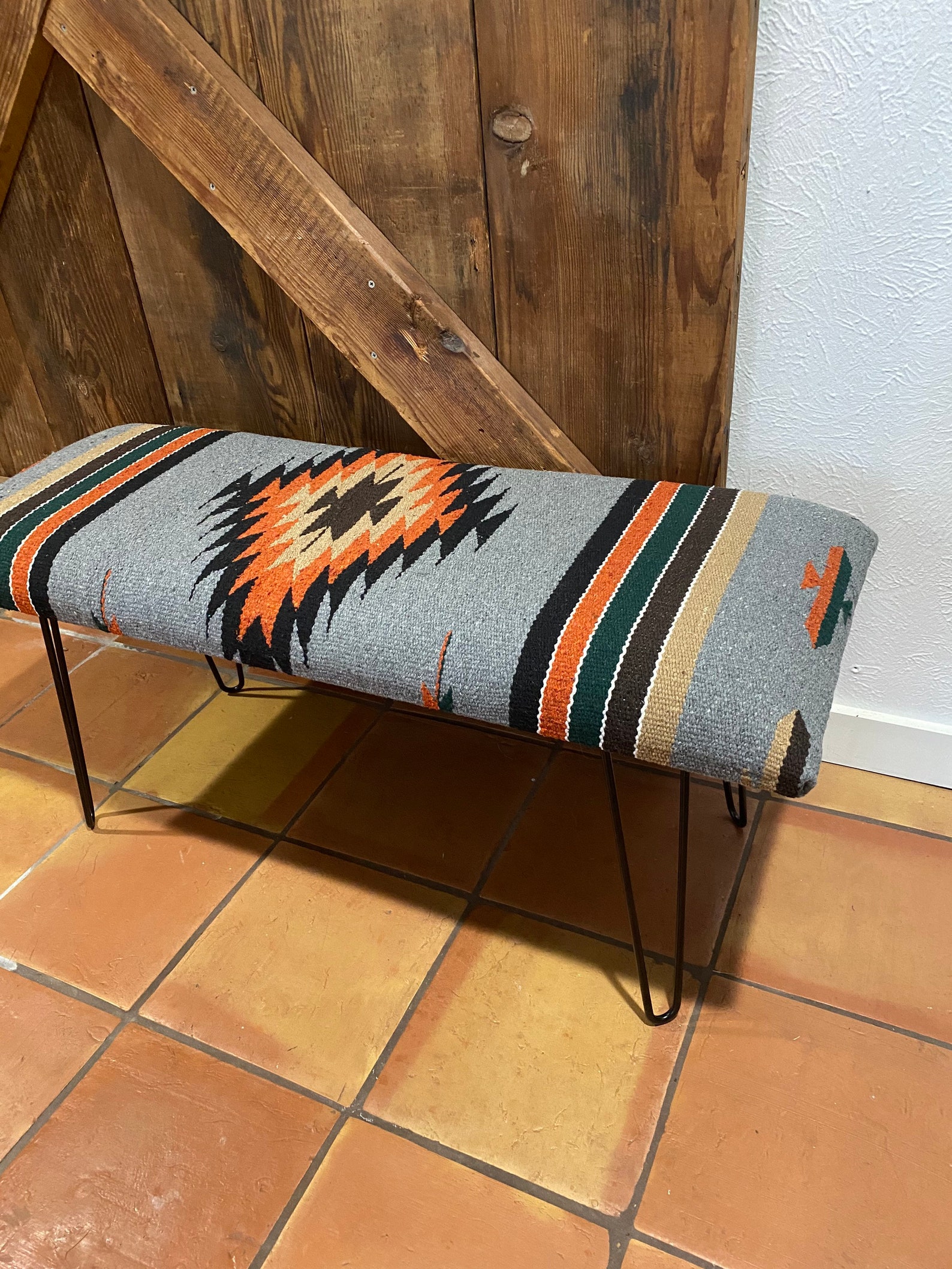 Grey Aztec Upholstered Bench With Hairpin Legs Southwestern - Etsy