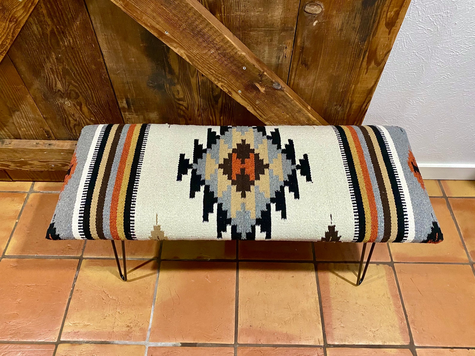 Aztec White Upholstered Bench Boho Bench Aztec Bench Farm - Etsy