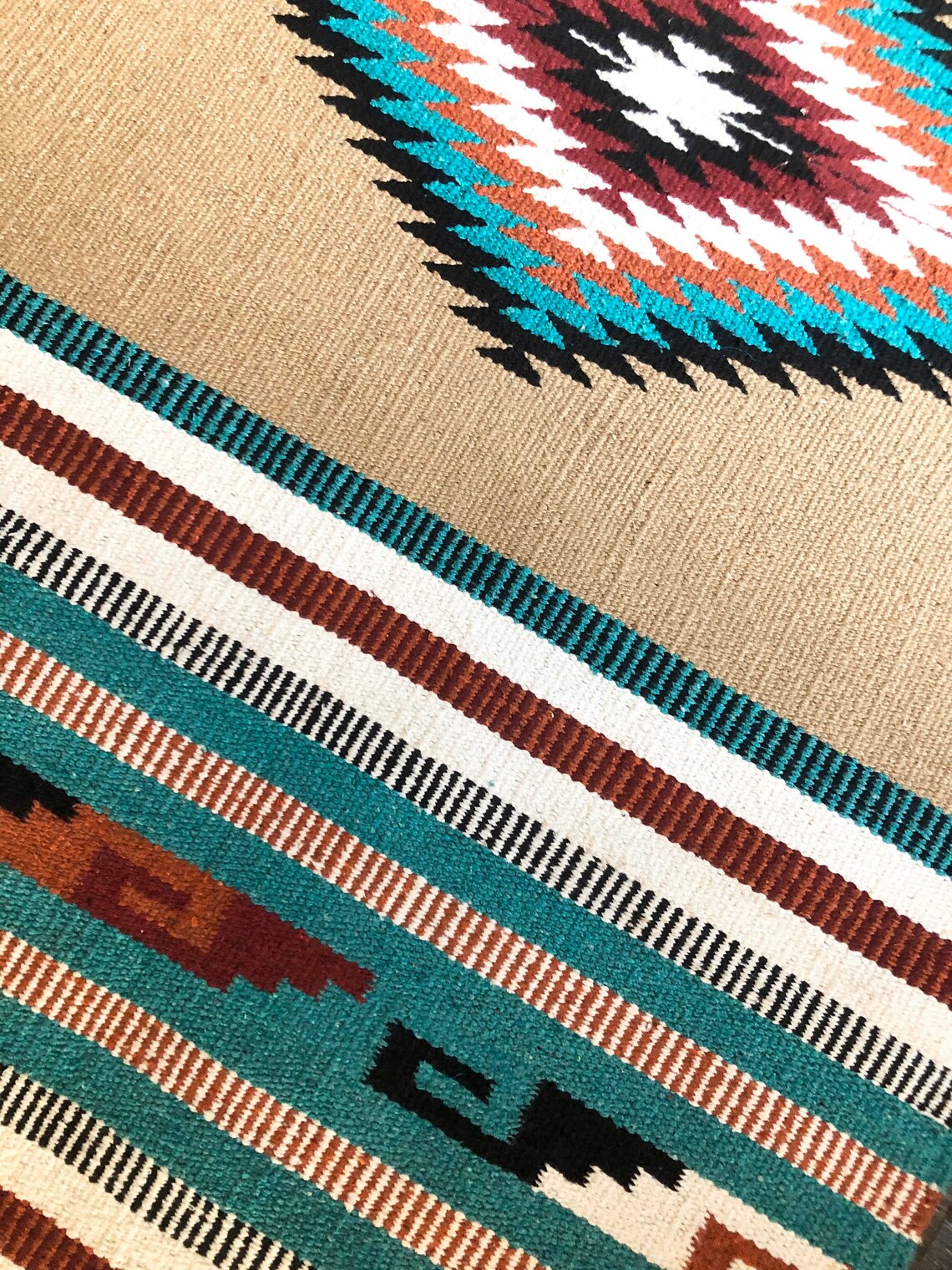 Tan & Teal Aztec Acrylic Rug: Boho Entryway Accent (32x64) - Etsy