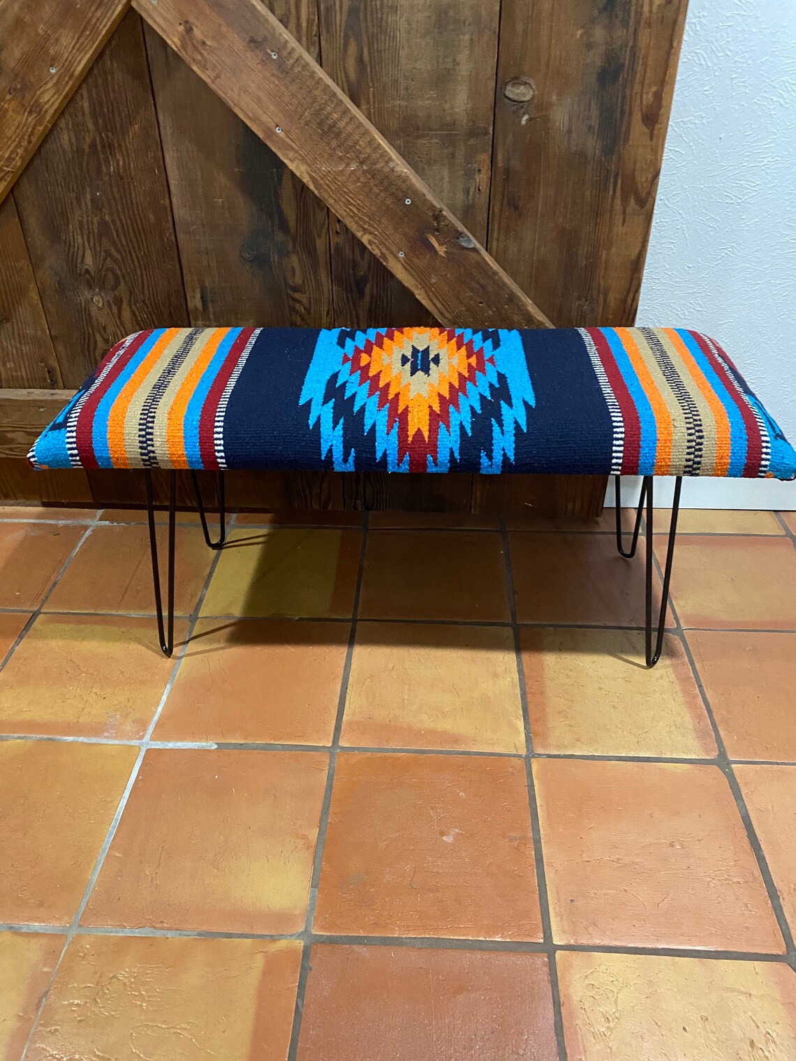 Navy and Turquoise Aztec upholstered Bench with Hairpin Legs | Etsy