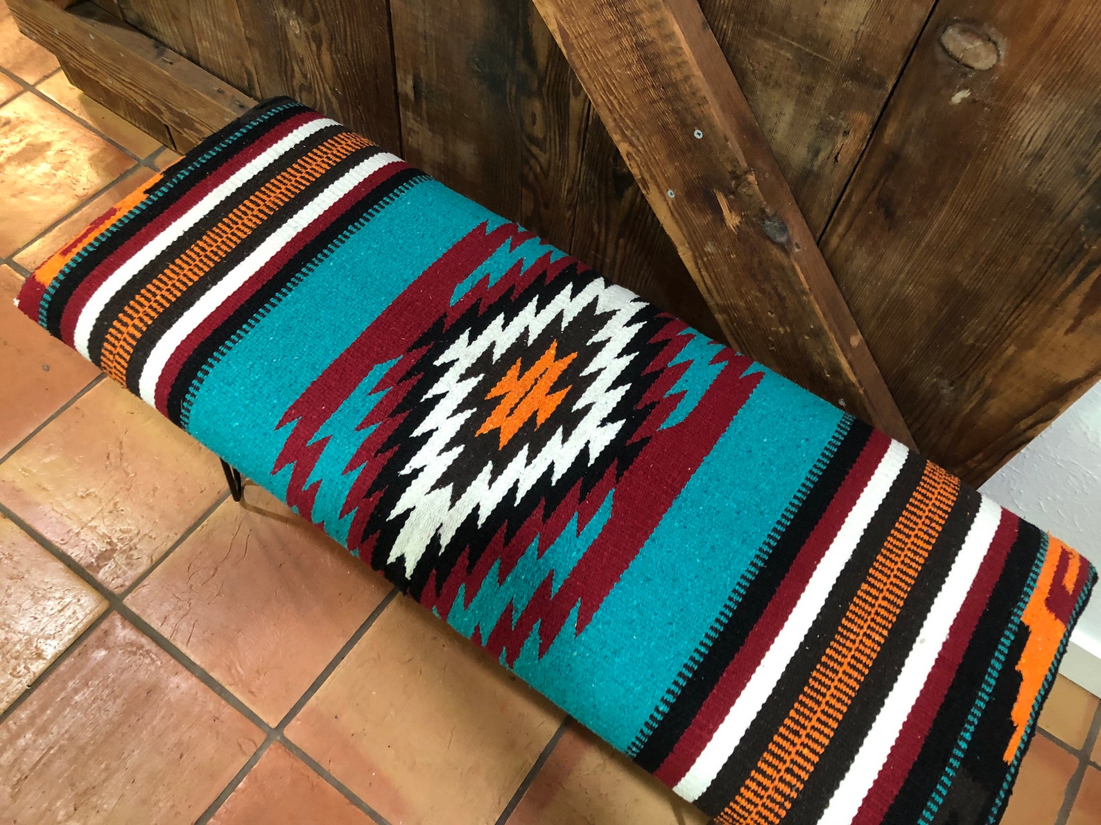 Teal Aztec Upholstered Bench With Hairpin Legs Western Bench - Etsy