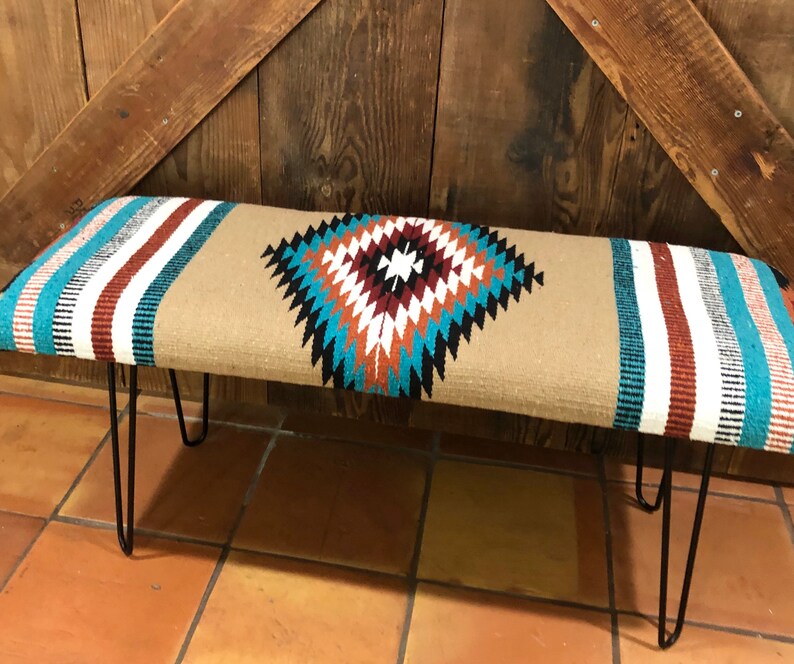 Tan Aztec Upholstered Bench Hairpin Legs Western Bench Boho - Etsy