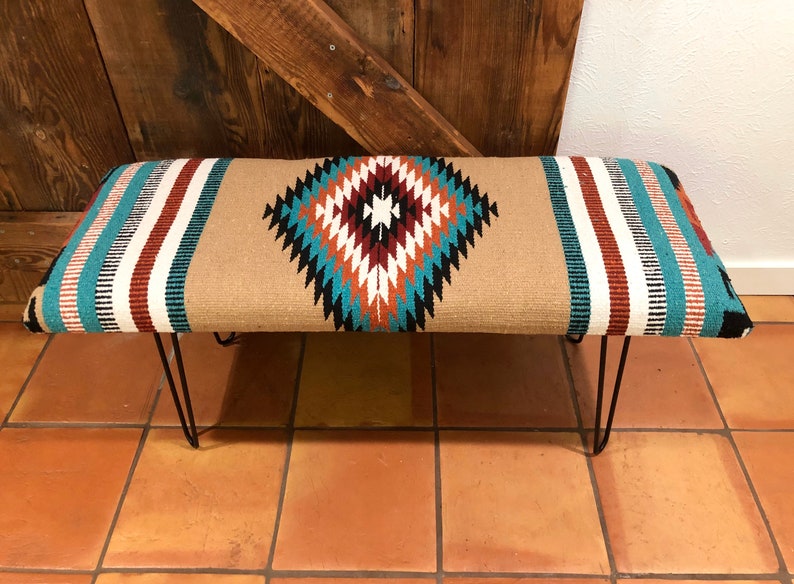 Tan Aztec Upholstered Bench Hairpin Legs Western Bench Boho - Etsy