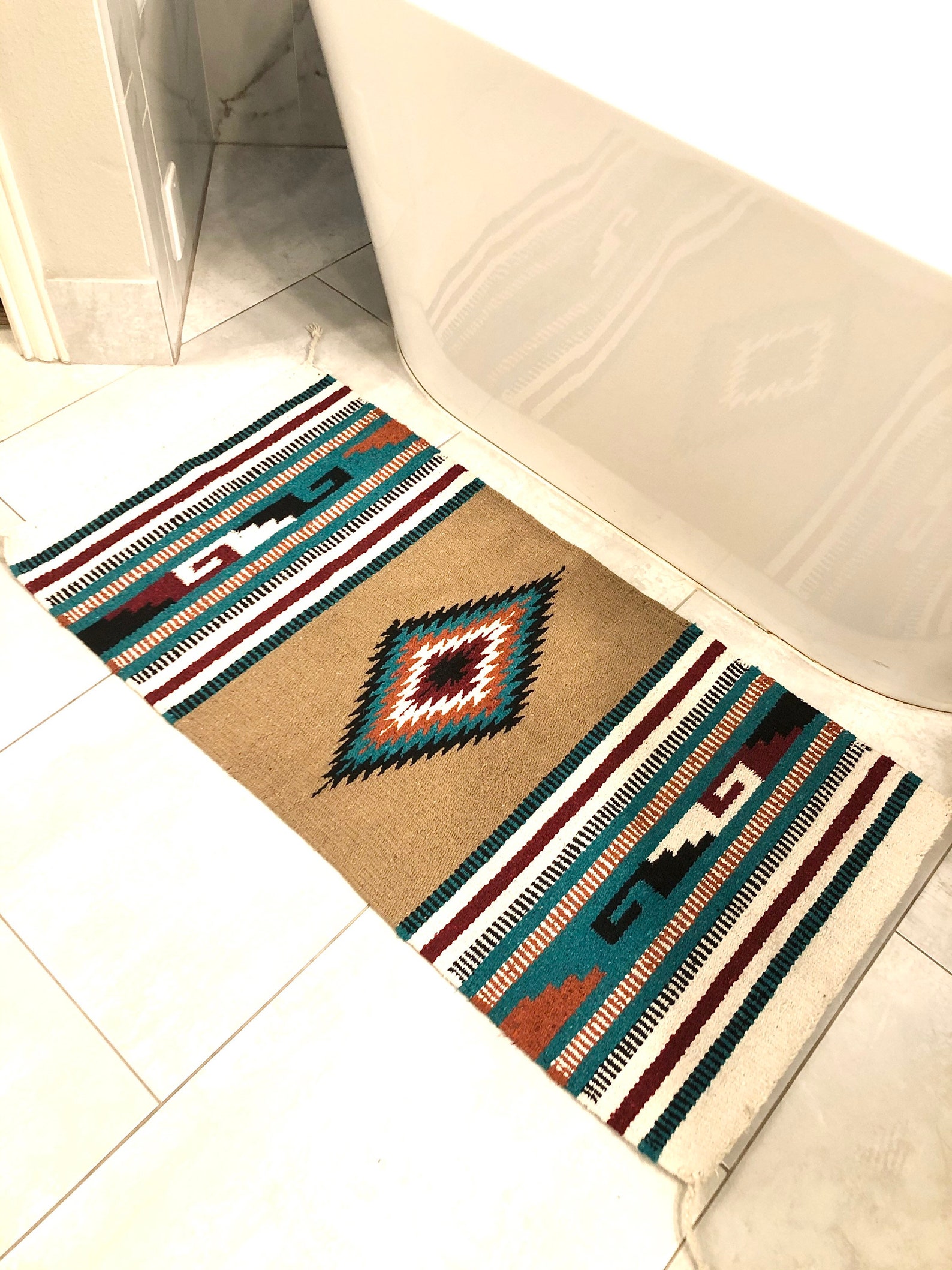 Small Tan and Teal Aztec Rug Tribal Rug Southwestern Rug - Etsy