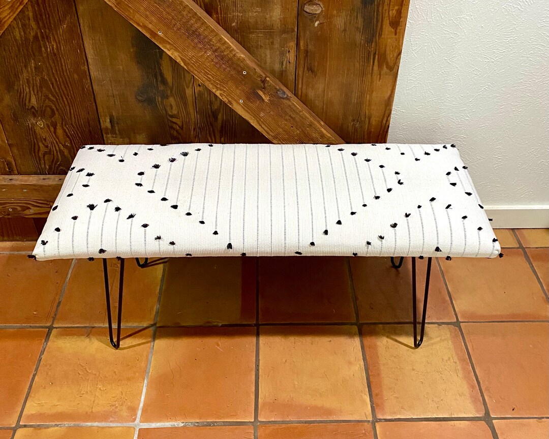 White Boho Upholstered Bench, Aztec Bench, Farm Table Bench, Entryway ...