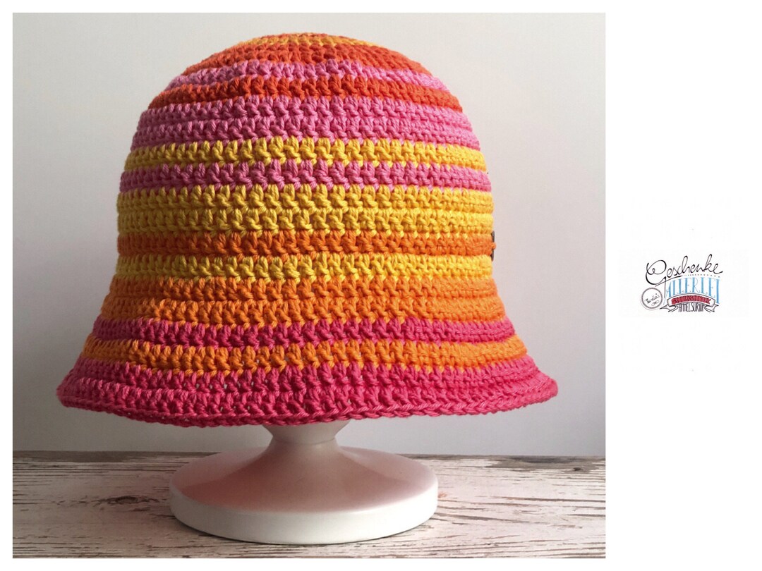 Crocheted Fisherman's Hat Mango-orange-pink-yellow-raspberry Striped ...