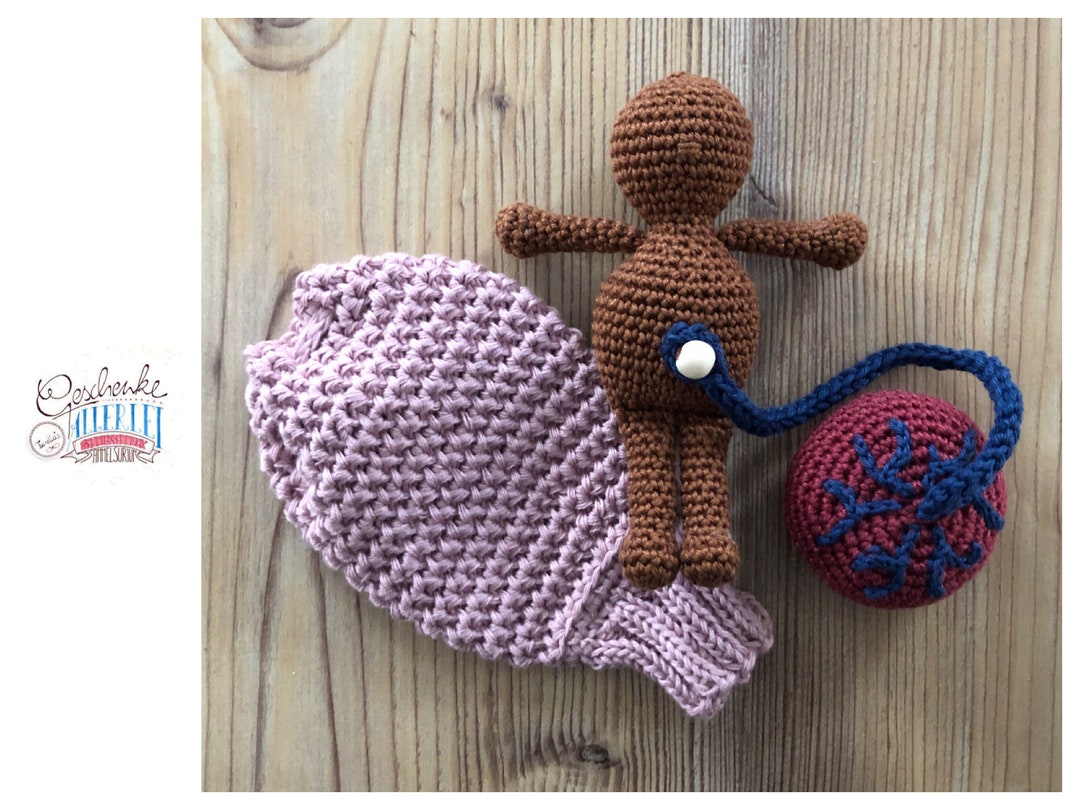 Crocheted Miniature Birth Set Fetus in Dark Skin Tone, Placenta in ...