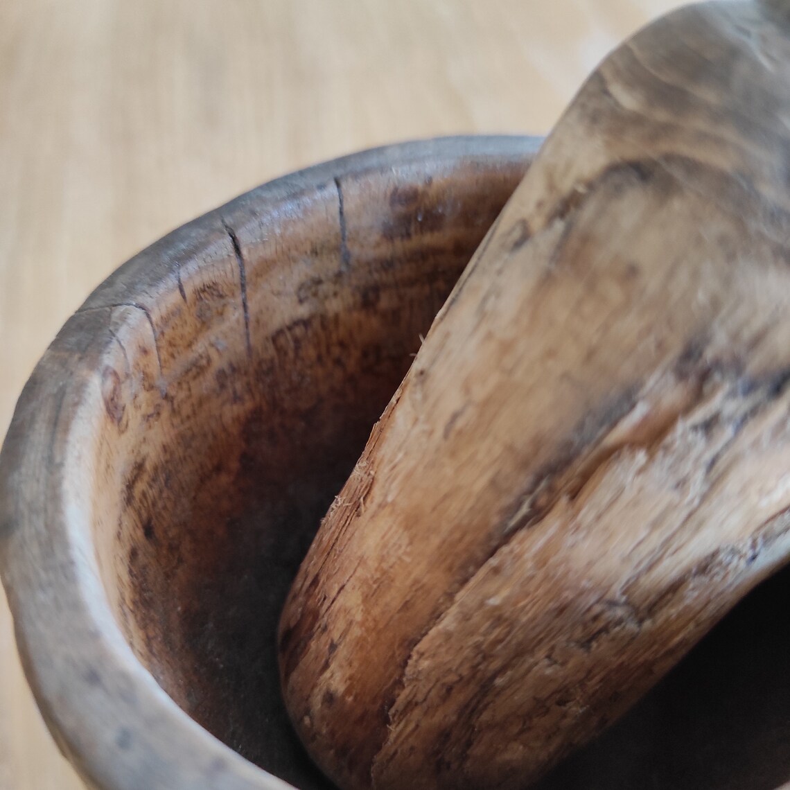 Vintage Wooden Mortar and Pestle Primitive Wood Old Set Hand Carved, Vintage Kitchen Decor, Hand ...