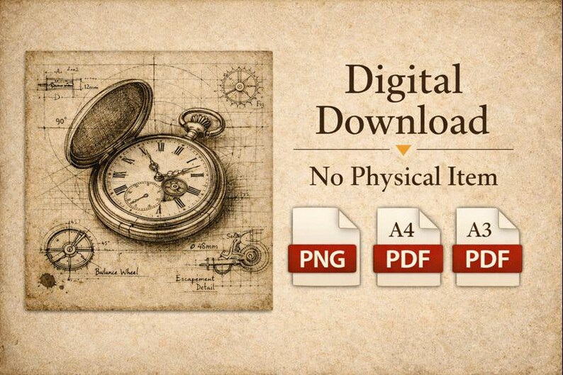 Vintage Pocket Watch Blueprint Printable Wall Art – Digital Download ...