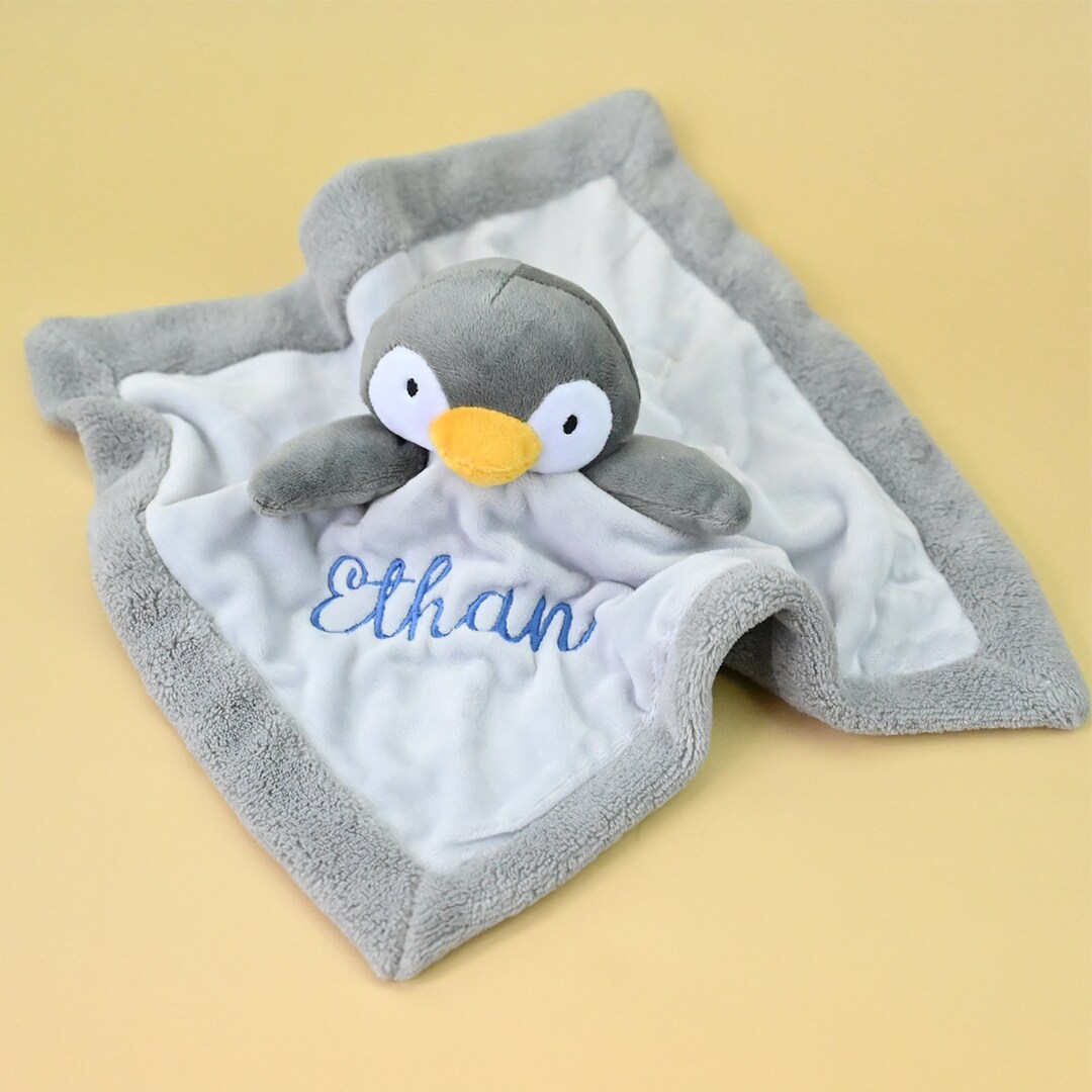 Personalised Penguin Grey Comforter Embroidery Baby Gifts - Etsy UK