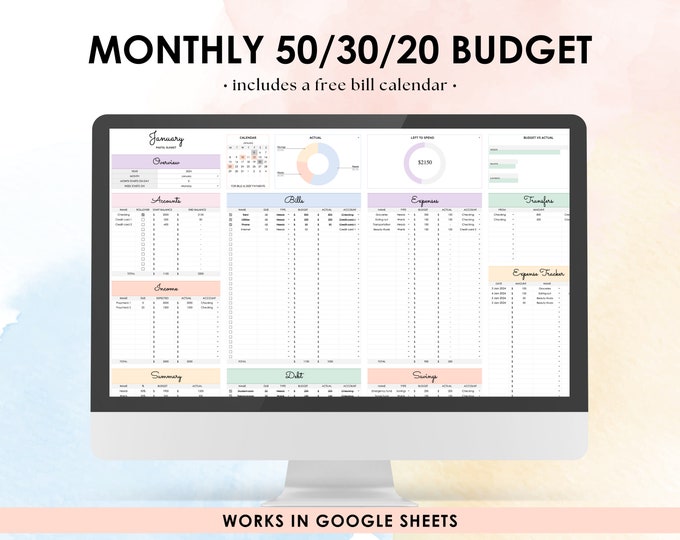 50/30/20 Monthly Budget Spreadsheet Template for Google Sheets Budget ...