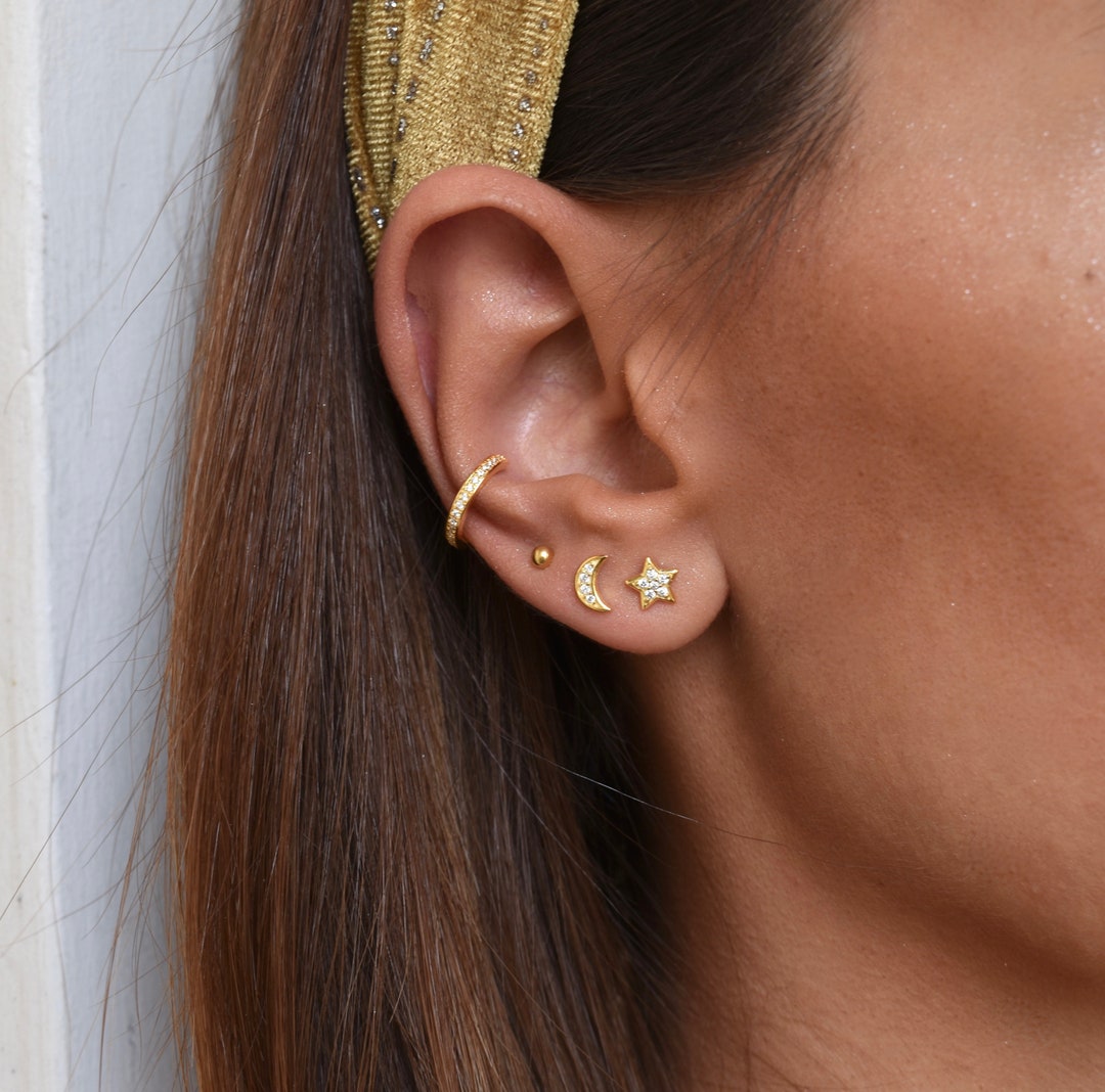 Dainty Moon & Star Studs,tiny Star Moon Studs,gold CZ Star Studs,dainty ...