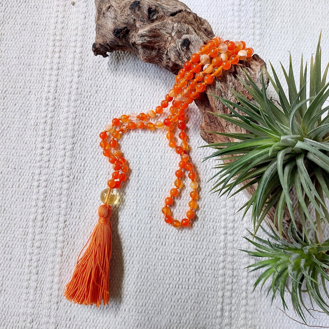 Red Orange Mala Beads 108, Knotted Meditation Mala Necklace, Banded ...