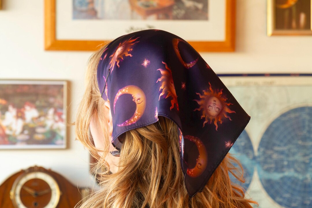 Whimsigoth Sun and Moon Bandana Scarf, Silky Headscarf, Moon Scarf, Sun ...