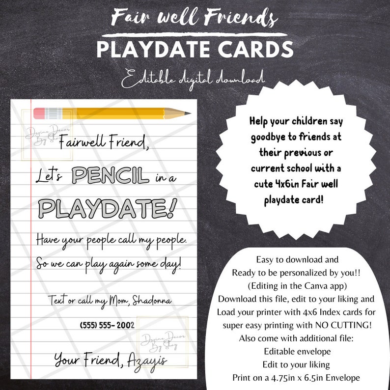 Editable Fair Well Play Date Cards- Play Mate Cards- Goodbye Cards ...