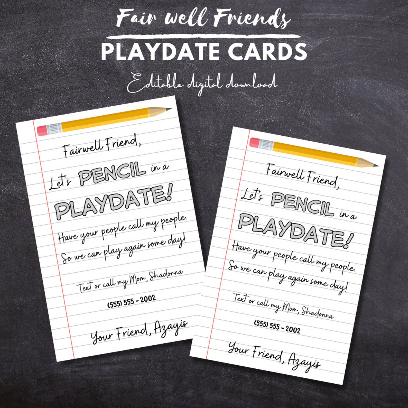 Editable Fair Well Play Date Cards- Play Mate Cards- Goodbye Cards ...