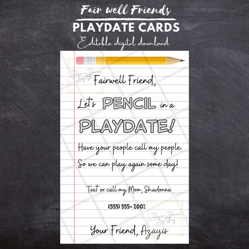 Editable Fair Well Play Date Cards- Play Mate Cards- Goodbye Cards ...