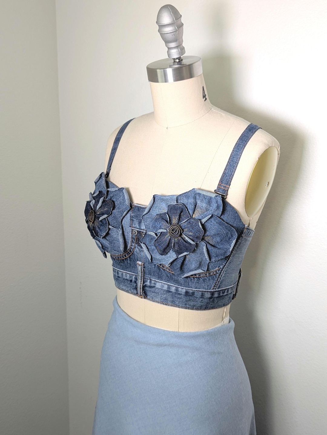 Upcycled, Handcrafted Denim Corset With Handmade Floral Details, One of ...