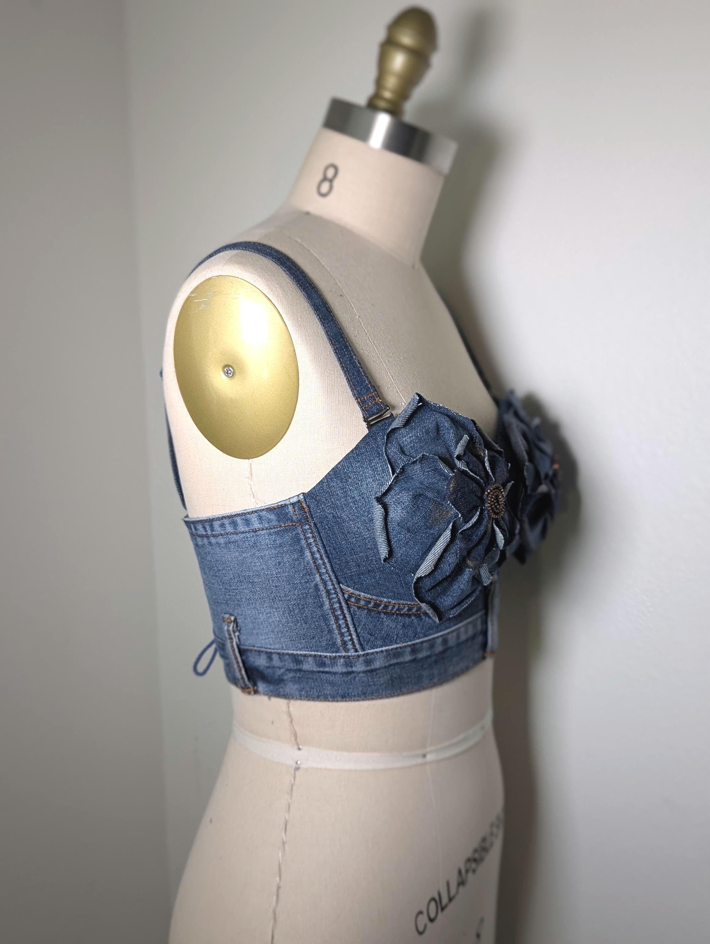 Upcycled, Handcrafted Denim Corset With Handmade Floral Details, One of ...