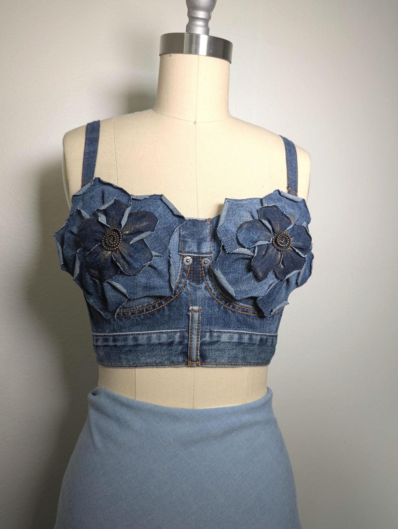 Upcycled, Handcrafted Denim Corset With Handmade Floral Details, One of ...