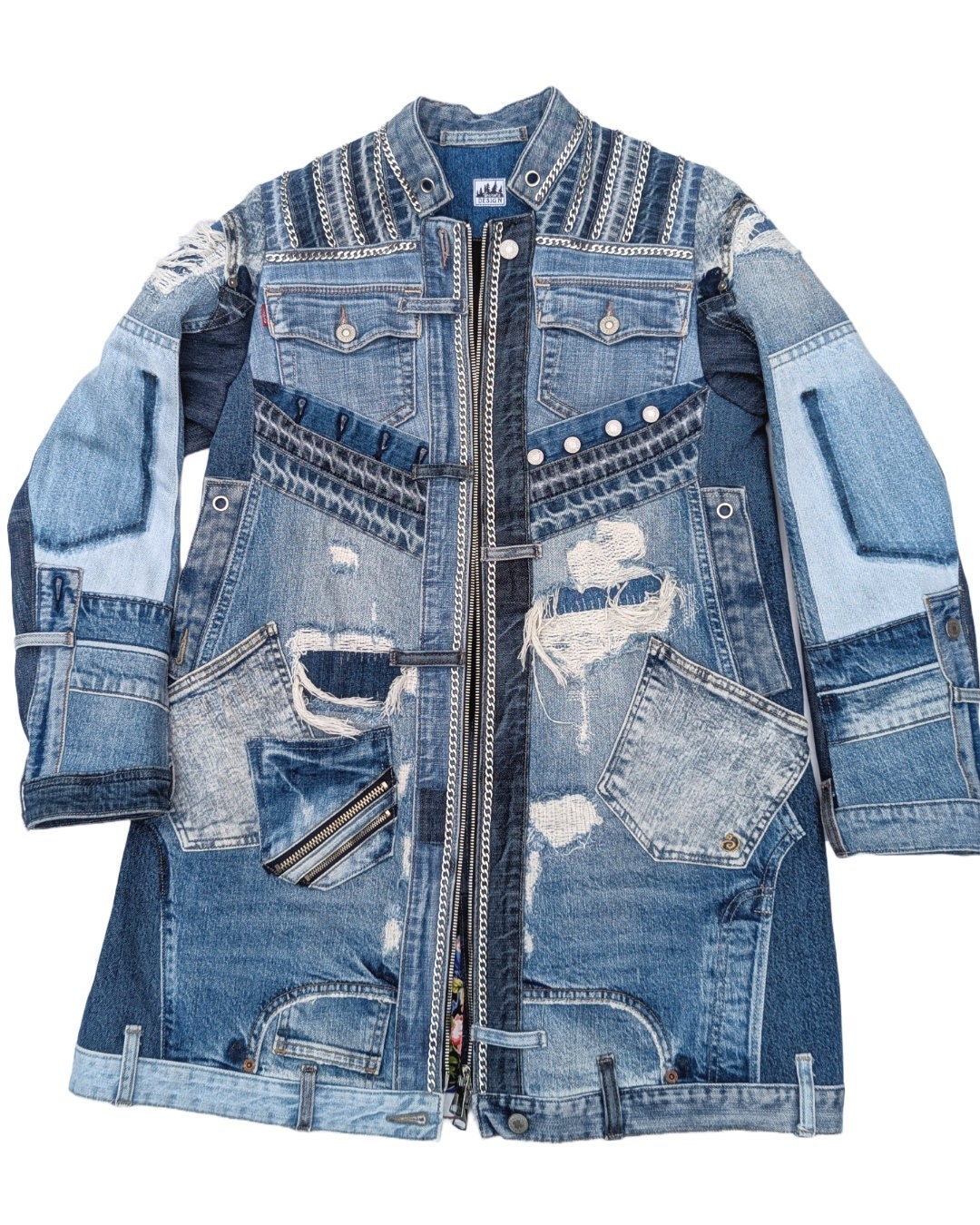 Upcycled Denim Patchwork Jacket: Handmade Long Jean Coat - Etsy