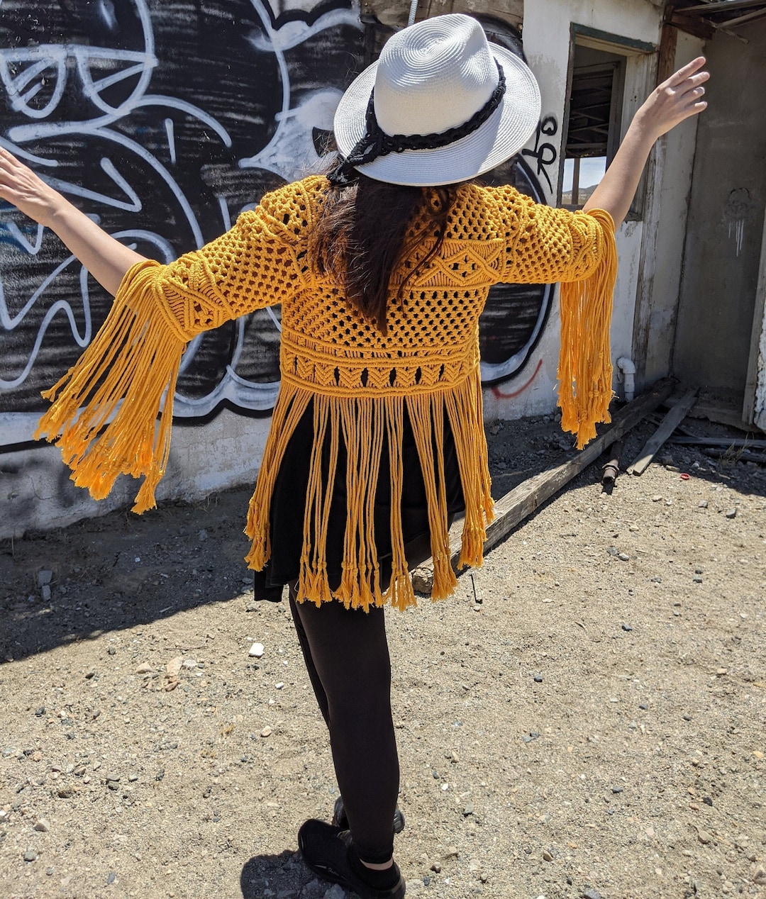 Handmade Macrame Fringe Jacket: Mustard Yellow Cotton Boho Hippie Style ...