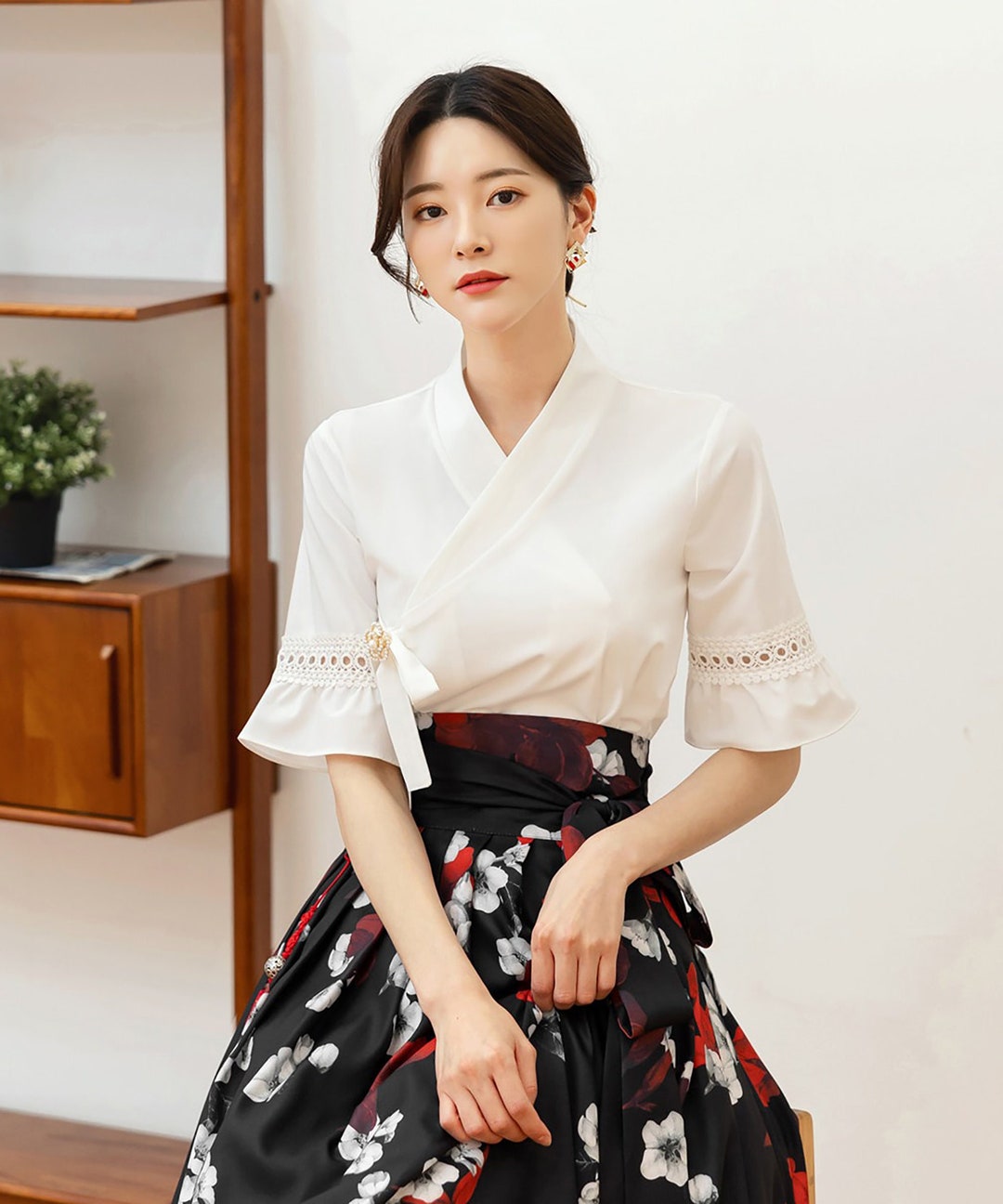 Women's Modern Hanbok Jeogori Top Blouse White Black Flower Skirt Korea ...