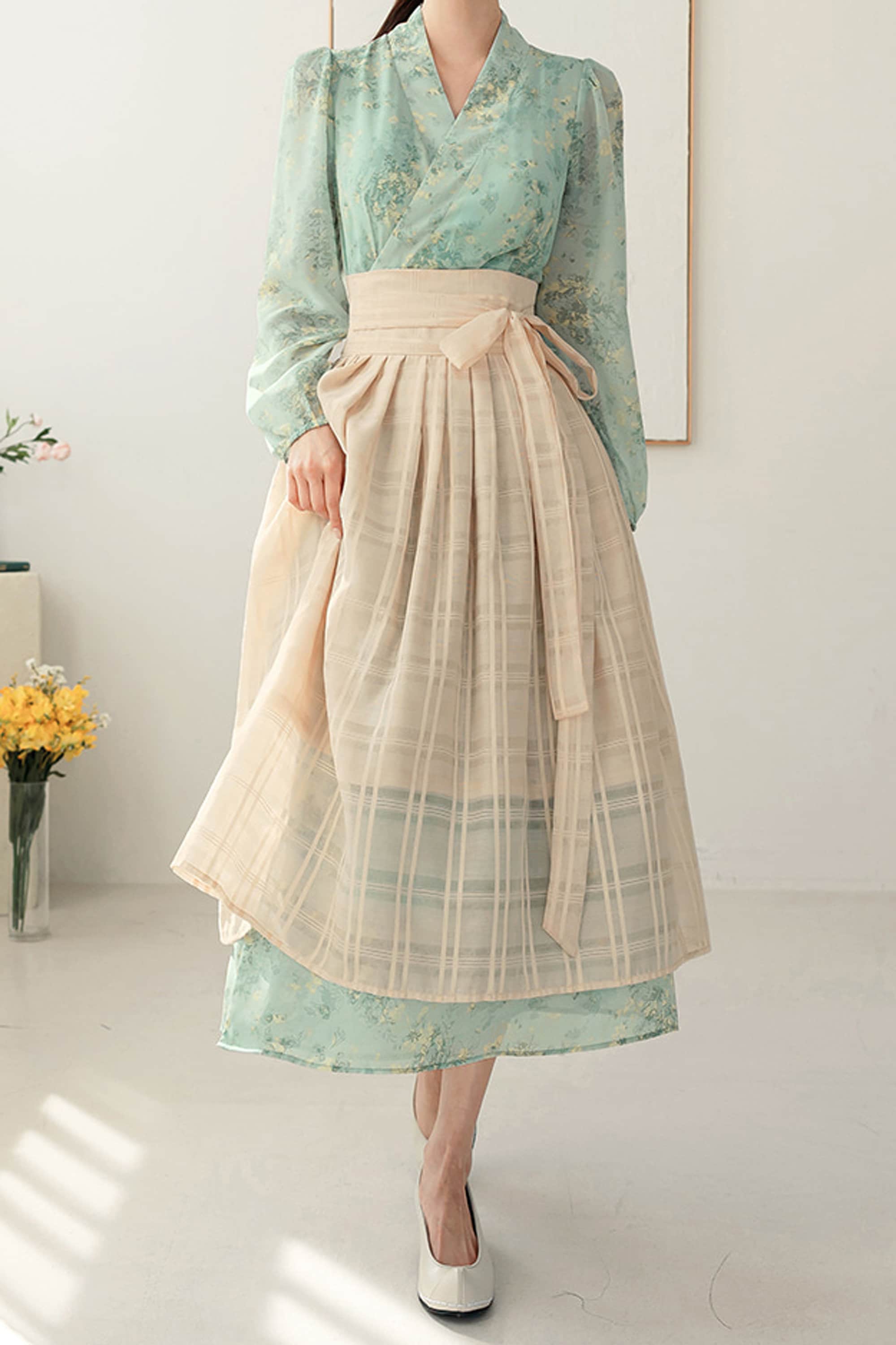 Women's Modern Hanbok Beige Navy Skirt Korea Casual Daily - Etsy