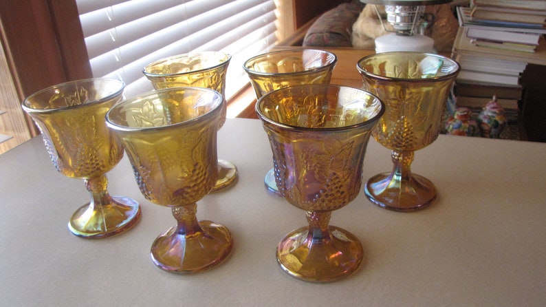 6-vintage Gold Iridescent Carnival Glass Goblets, Grape Design, Indiana ...