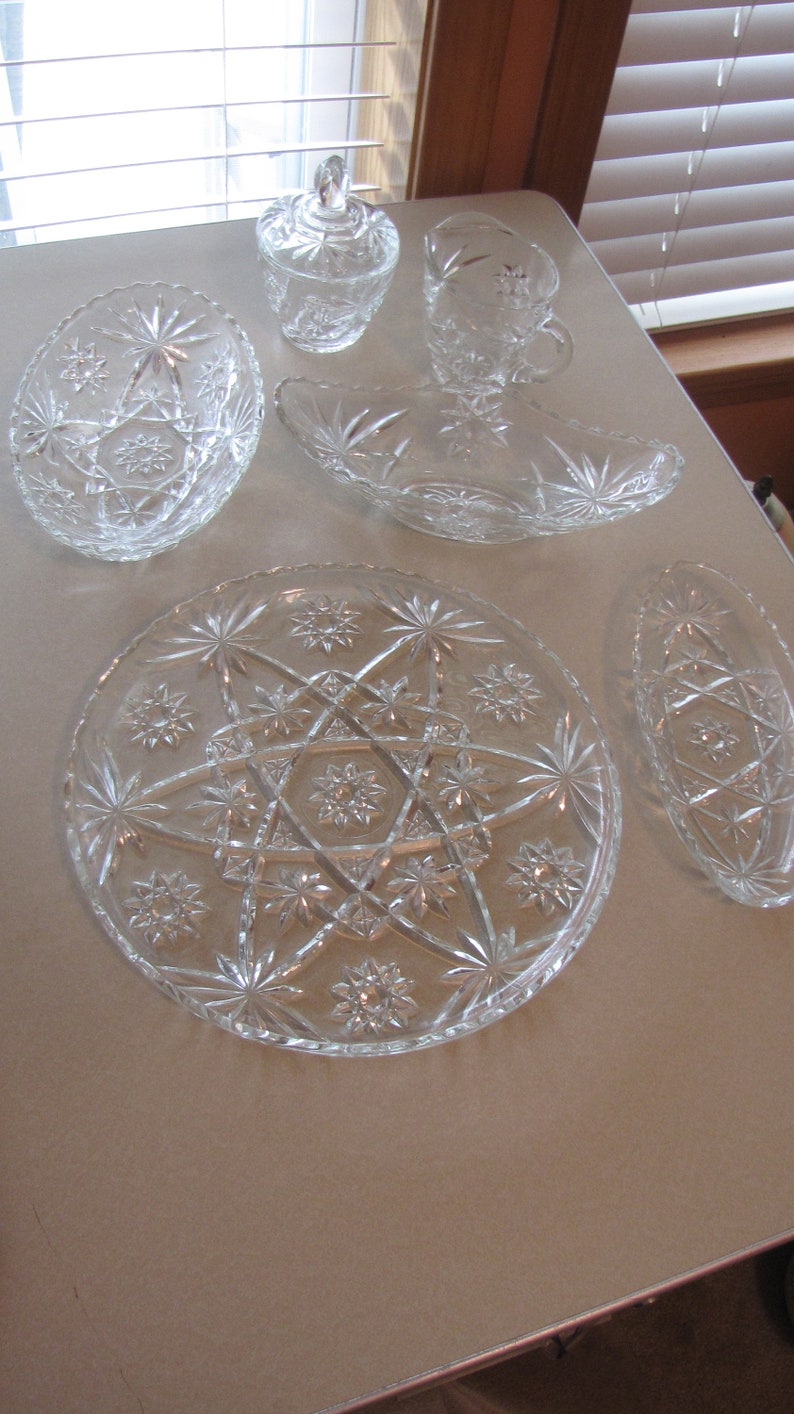 6-anchor Hocking Star Pattern Glass Serving Dishes, 1-platter, 3-relish ...