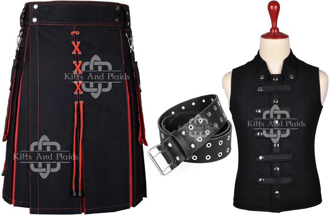 Red Black Cotton Hybrid Kilt - Halloween Party Kilt - Scottish Cotton ...