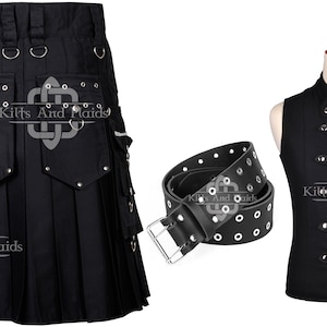 Black Cotton Utility Kilt - Punk Rock Kilt - Gothic Waistcoat - Leather ...
